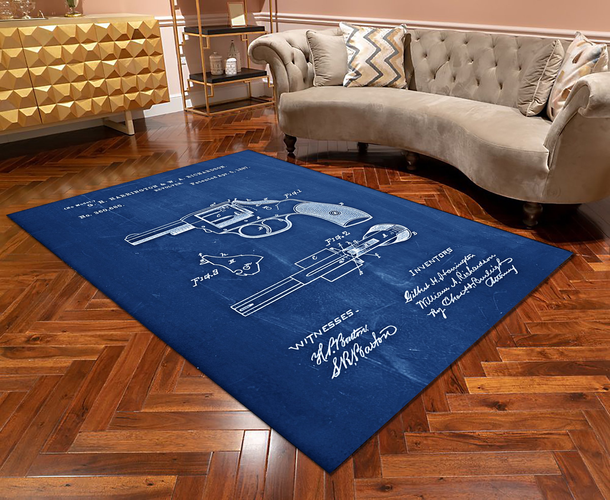 Revolver Pistol Patent Blueprint Area Rug – HighSportPrint